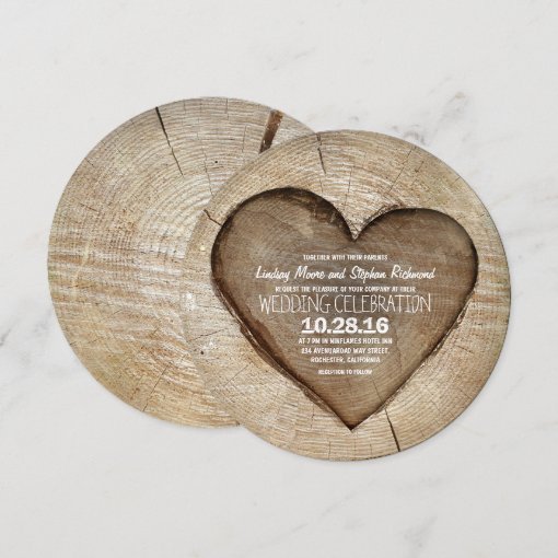 Rustic carved tree wood heart wedding invitation | Zazzle