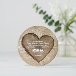 Rustic carved tree wood heart wedding invitation | Zazzle