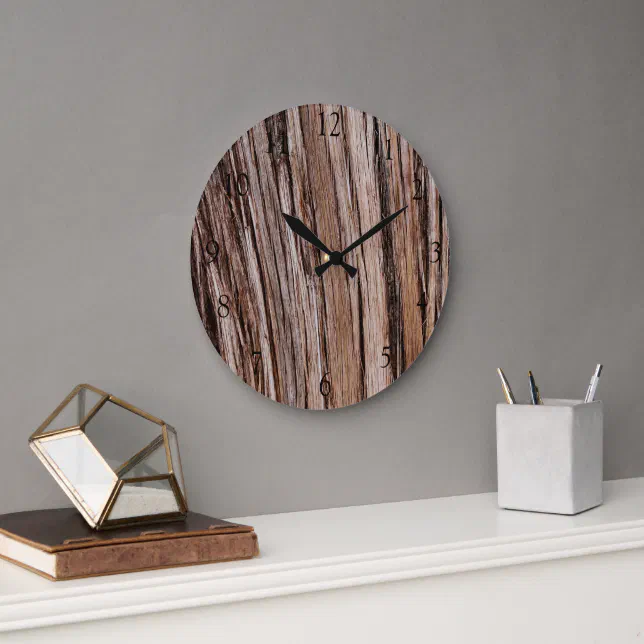 Rustic cedar bark nature tree outdoors pattern large clock | Zazzle
