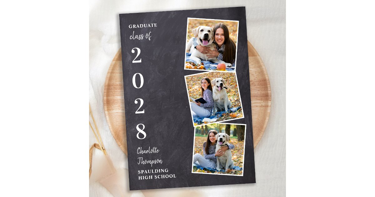 Rustic Chalkboard 3 Photo Graduation Announcement | Zazzle
