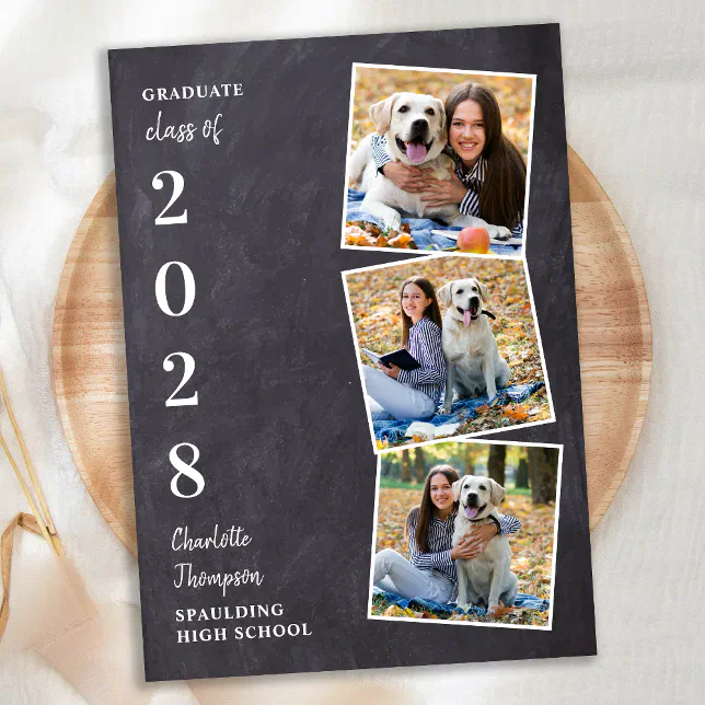Rustic Chalkboard 3 Photo Graduation Announcement | Zazzle