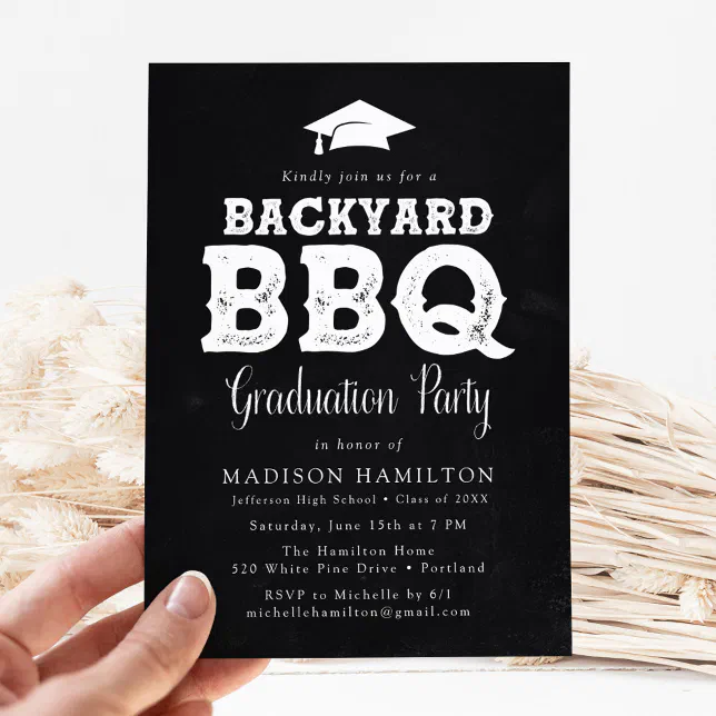 Rustic Chalkboard Backyard BBQ Graduation Party Invitation | Zazzle