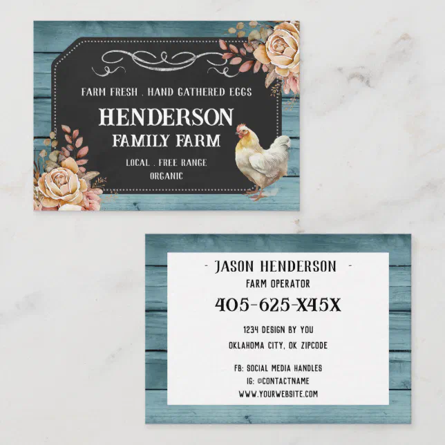 Rustic Chalkboard Blue Wood Chicken Farm Business Card | Zazzle
