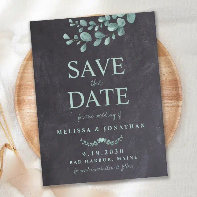 Rustic Chalkboard Eucalyptus Greenery Save The Da Announcement Postcard ...