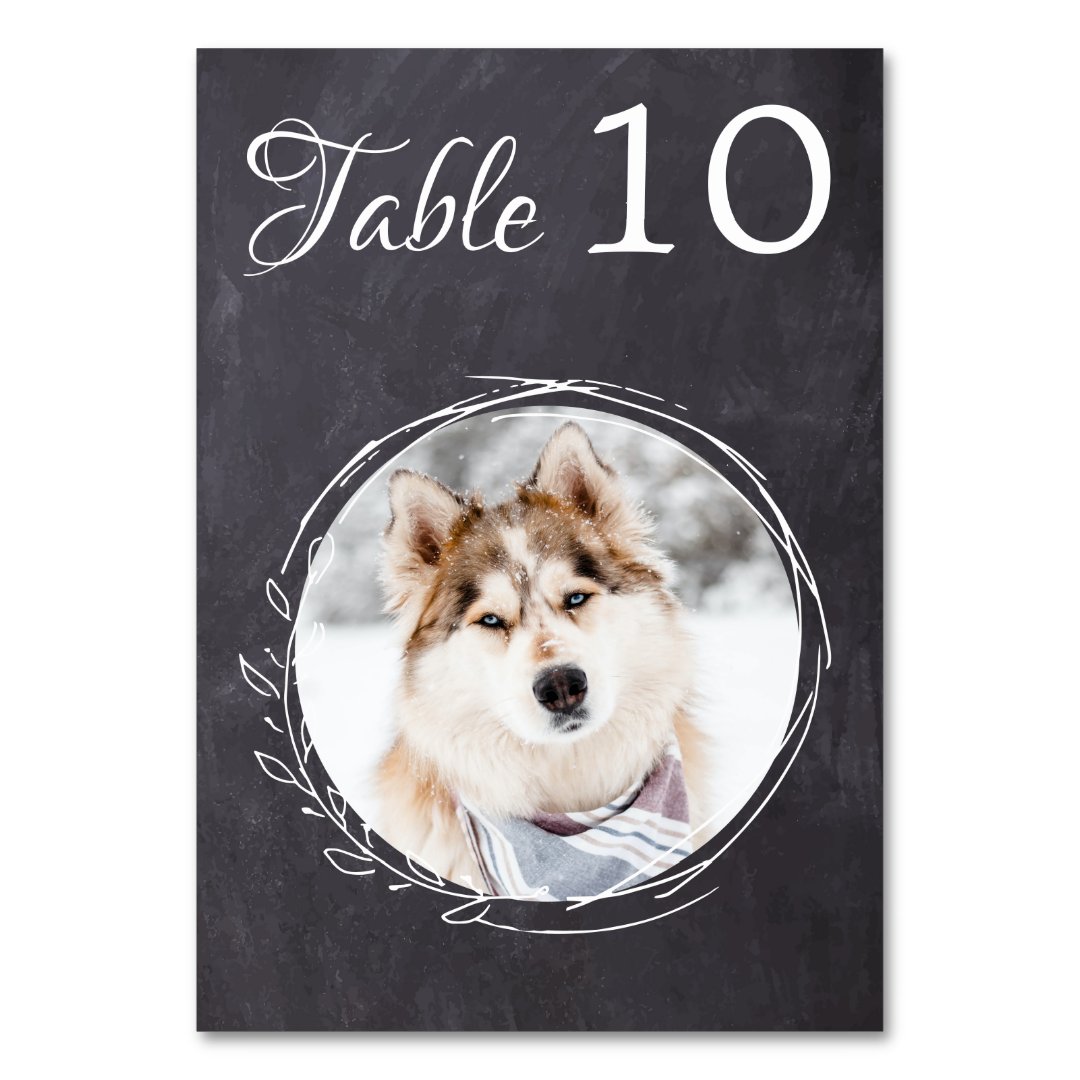 Rustic Chalkboard Greenery Dog Photo Pet Wedding Table Number | Zazzle