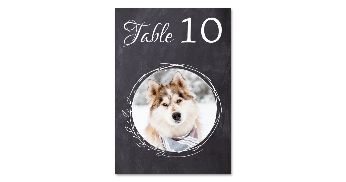 Rustic Chalkboard Greenery Dog Photo Pet Wedding Table Number | Zazzle