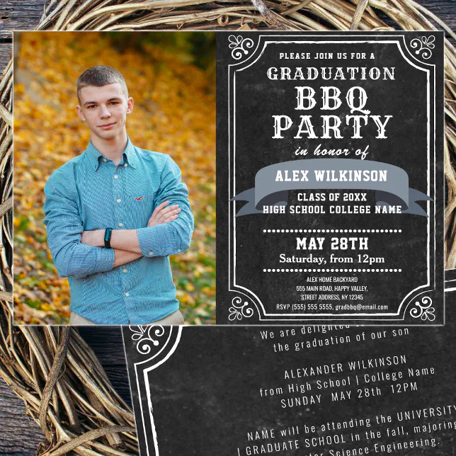 Rustic Chalkboard Simple Photo Graduation BBQ Invitation | Zazzle