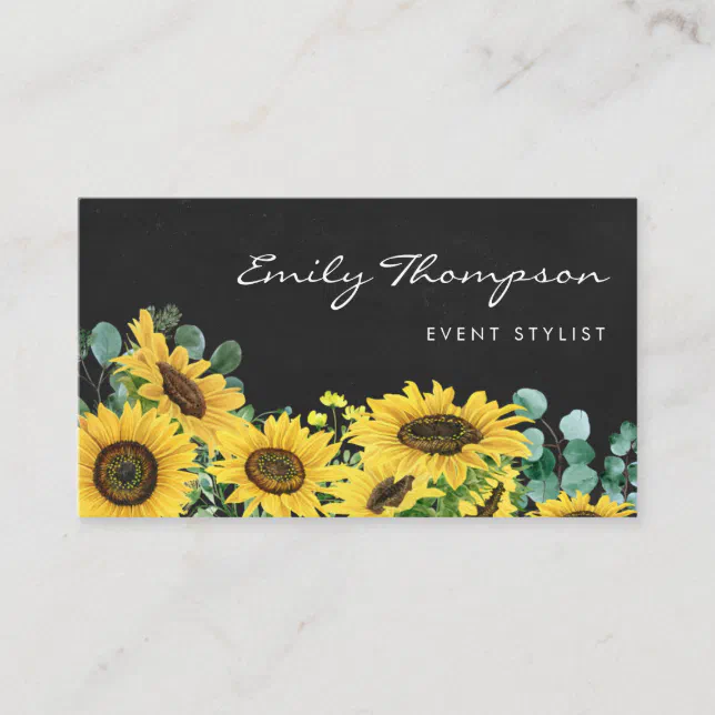 Rustic Chalkboard Sunflowers and Eucalyptus Floral Business Card | Zazzle