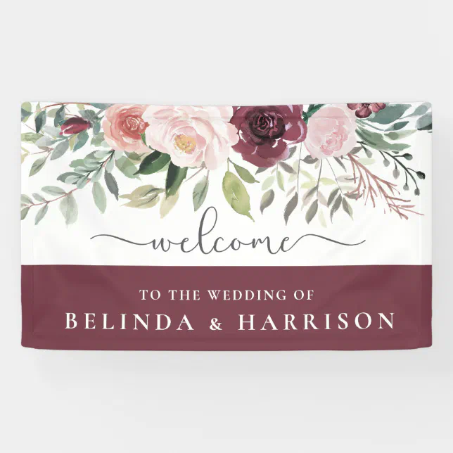 Rustic Charm Burgundy Blush Pink Floral Wedding Banner | Zazzle
