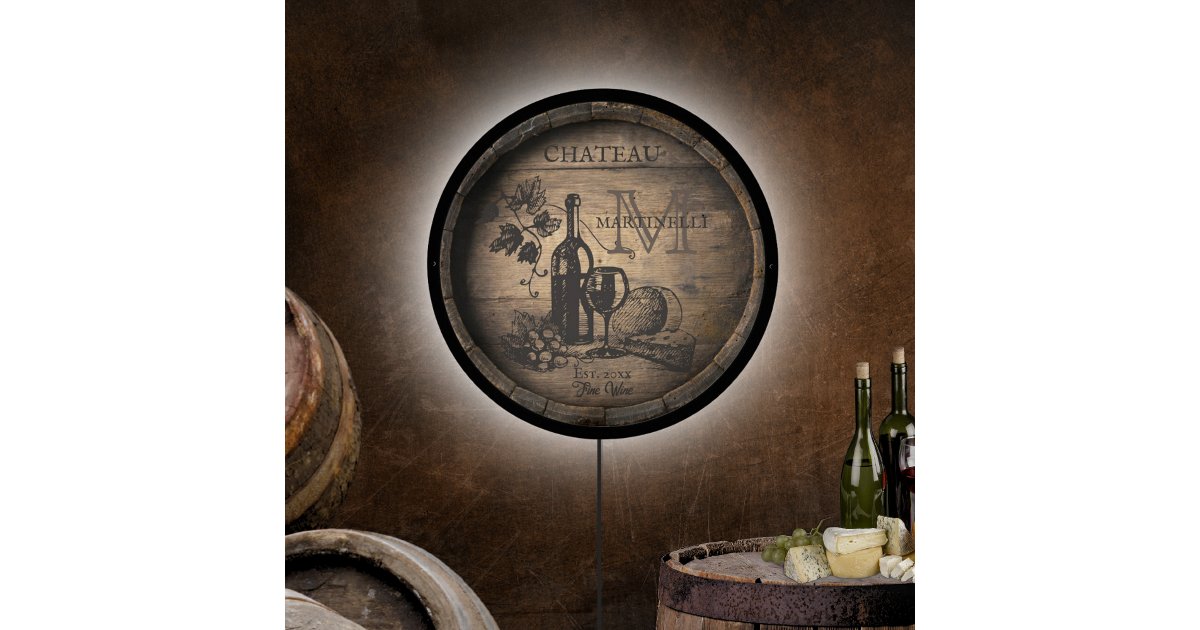 Rustic Chateau Wine Barrel Monogram LED Sign | Zazzle