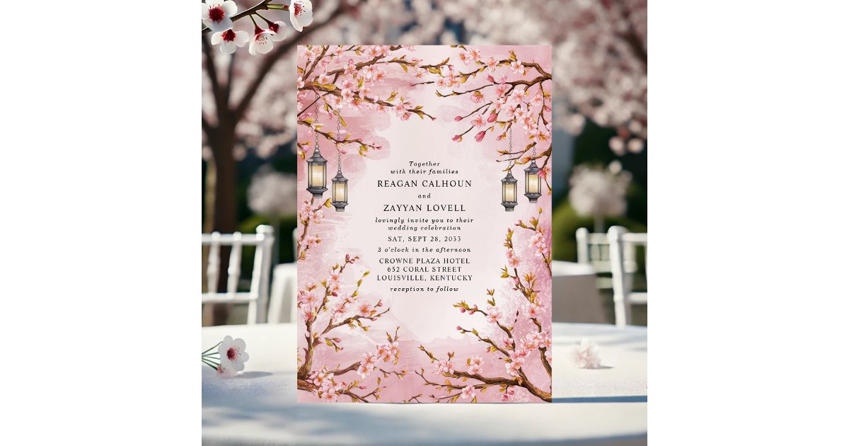 Rustic Cherry Blossom Lantern Wedding Invitation | Zazzle