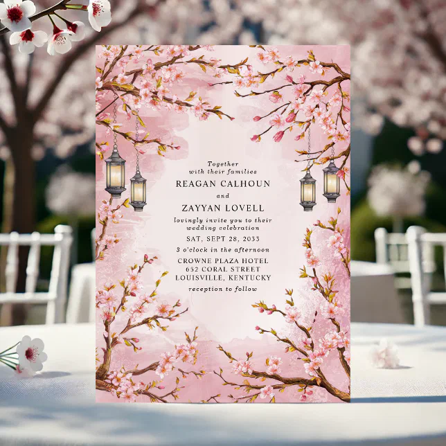 Rustic Cherry Blossom Lantern Wedding Invitation | Zazzle