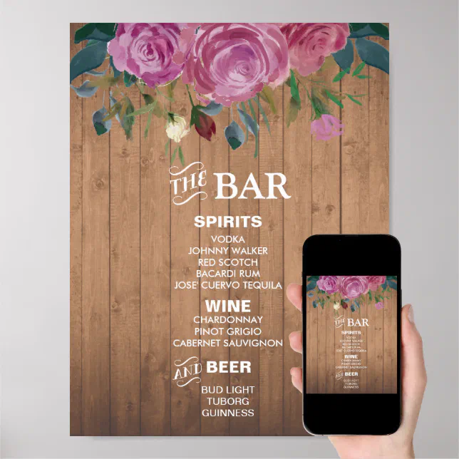 Rustic chic Bar Menu Sign | Wedding party bar | Zazzle