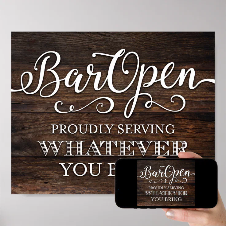 Rustic Chic BAR OPEN Party Sign Print | Zazzle