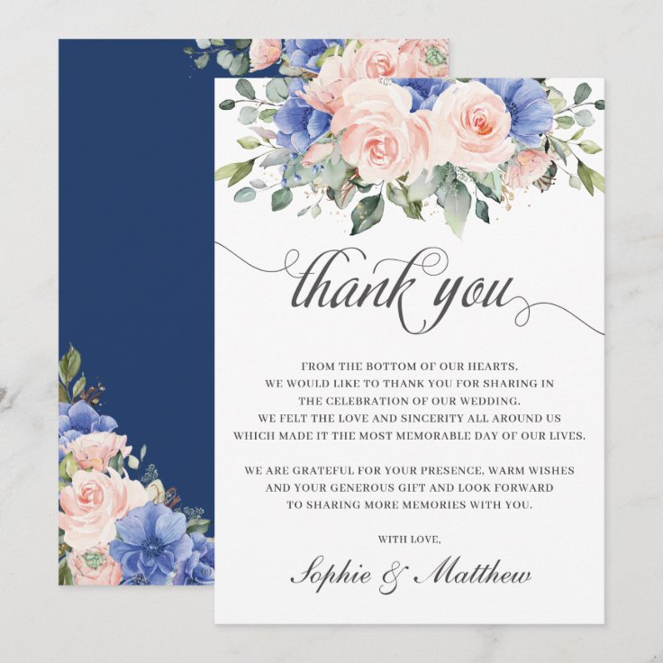 Rustic Chic Blush Blue Floral Roses Wedding Bridal Thank You Card | Zazzle