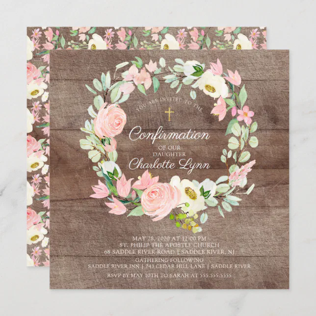 Rustic Chic Blush Pink Floral Confirmation Invitation | Zazzle