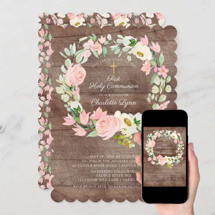 Rustic Chic Blush Pink Floral First Communion Invitation | Zazzle