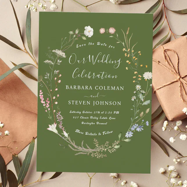 Rustic Chic Boho Wildflower Moss Green Wedding Invitation | Zazzle