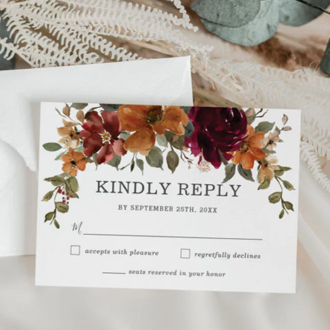 Rustic Chic Burgundy Burnt Orange Floral Wedding RSVP Card | Zazzle