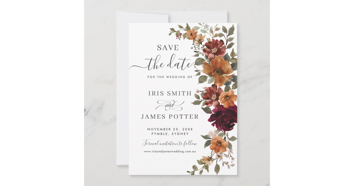 Rustic Chic Burgundy Burnt Orange Floral Wedding Save The Date | Zazzle