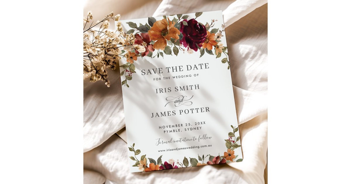 Rustic Chic Burgundy Burnt Orange Floral Wedding Save The Date | Zazzle