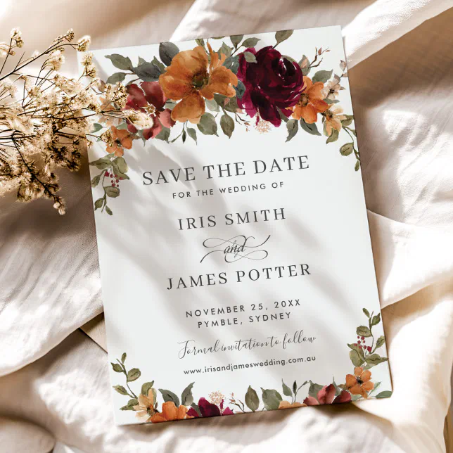 Rustic Chic Burgundy Burnt Orange Floral Wedding Save The Date | Zazzle