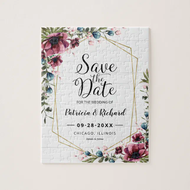 Rustic Chic Burgundy Floral Wedding Save The Date Jigsaw Puzzle | Zazzle