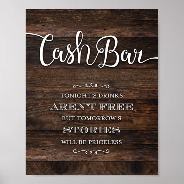 Rustic Chic CASH BAR Party Sign Print | Zazzle