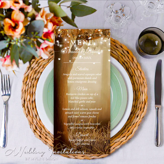 Rustic Chic Country Tree String Lights Wedding Menu | Zazzle