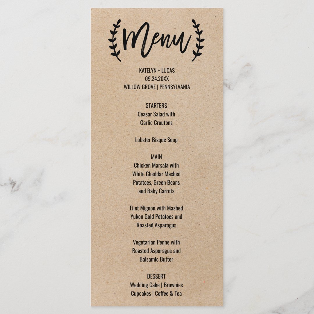 Rustic Chic Faux Kraft Calligraphy Menu Card | Zazzle