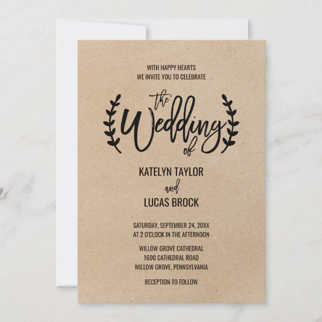 Rustic Chic Faux Kraft Calligraphy Wedding Invitation | Zazzle