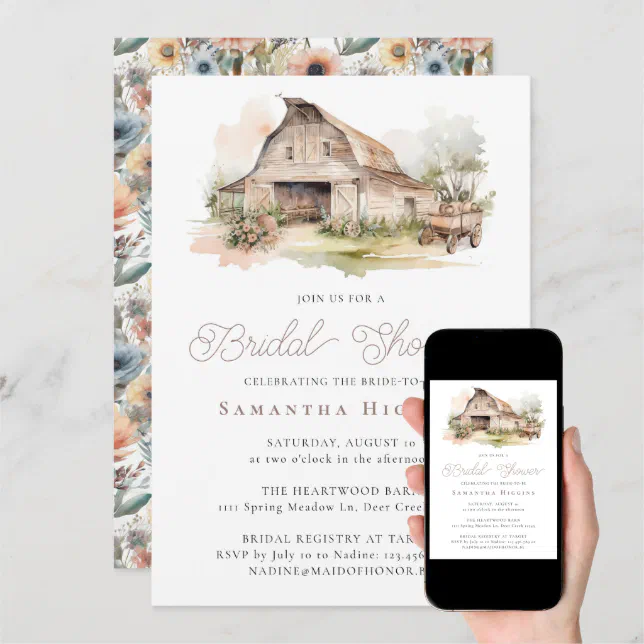 Rustic Chic Floral Farmhouse Barn Bridal Shower Invitation | Zazzle