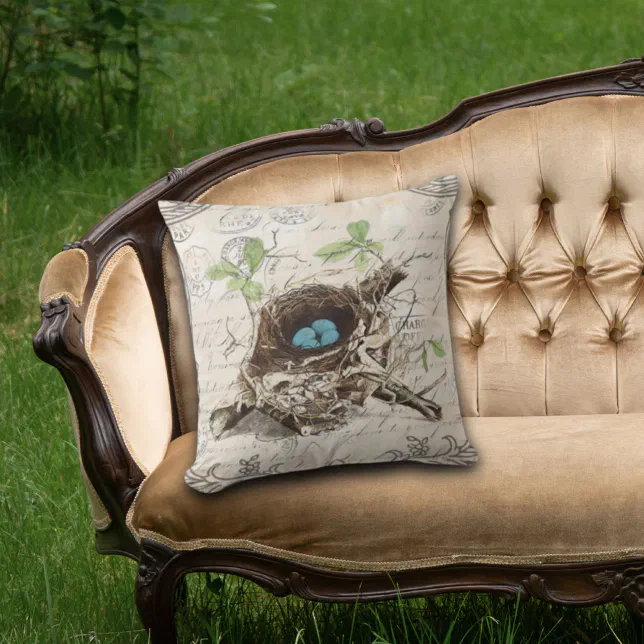 rustic chic french country botanical bird nest throw pillow | Zazzle