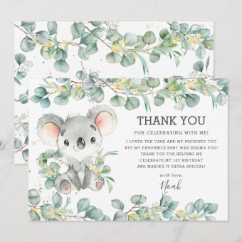 Rustic Chic Greenery Cute Koala 1st Birthday Boy Thank You Card | Zazzle