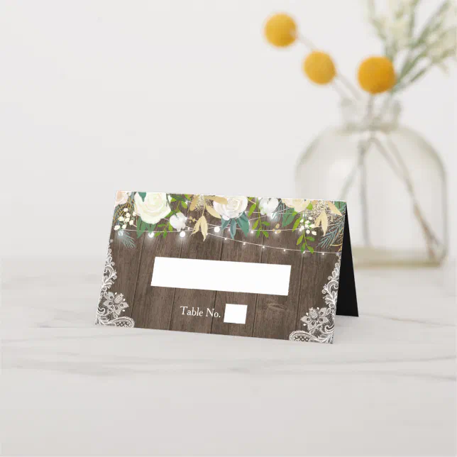 Rustic Chic Ivory Floral String Lights Wedding Place Card | Zazzle