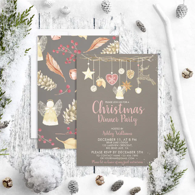 Rustic Chic Natural Christmas Dinner Party Invitation | Zazzle