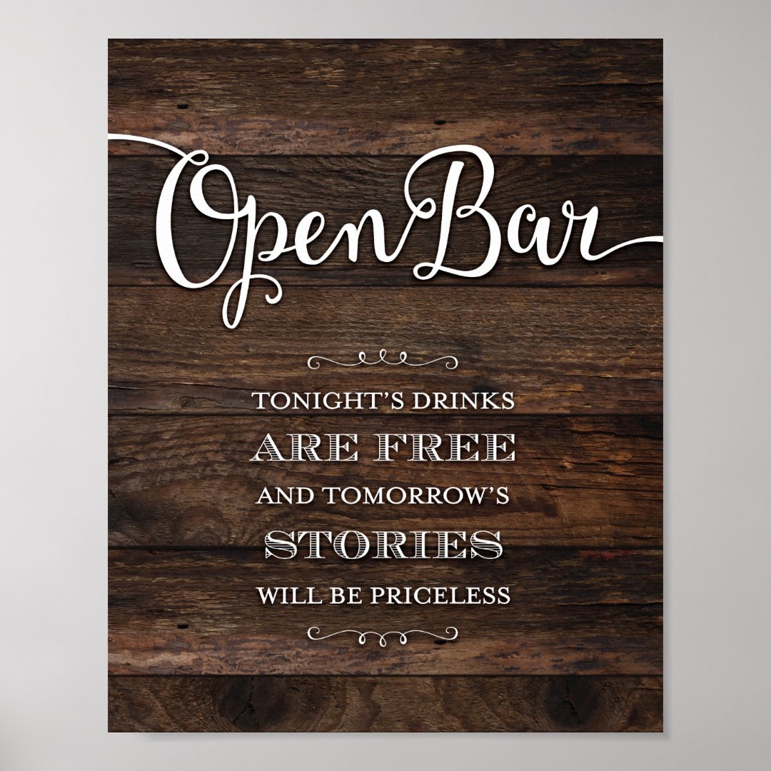 Rustic Chic OPEN BAR Party Sign Print | Zazzle