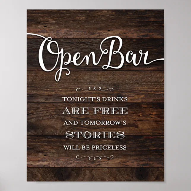 Rustic Chic OPEN BAR Party Sign Print | Zazzle