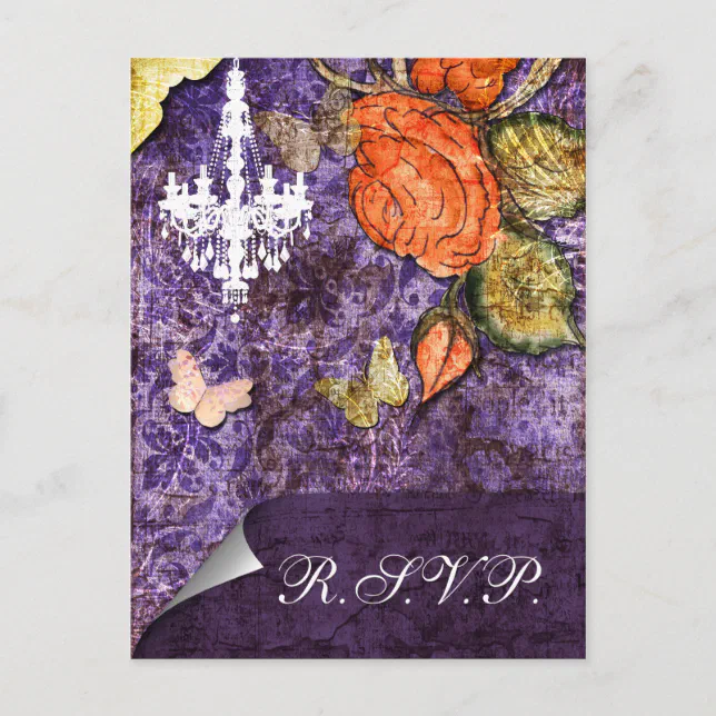 Rustic Chic Purple Vintage Rose Wedding Invitation Postcard | Zazzle