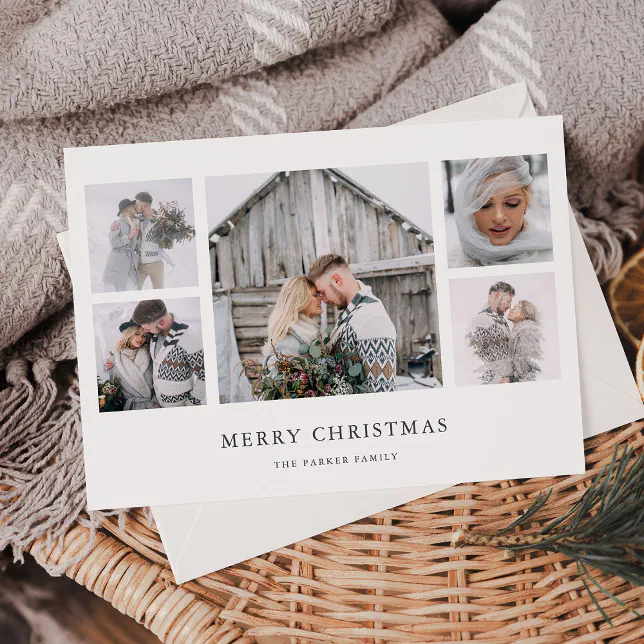 Rustic Chic | Simple Minimal Christmas Photo Grid Holiday Card | Zazzle