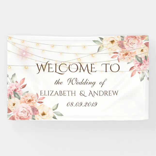 Rustic Chic String Lights Roses Wedding Banner | Zazzle