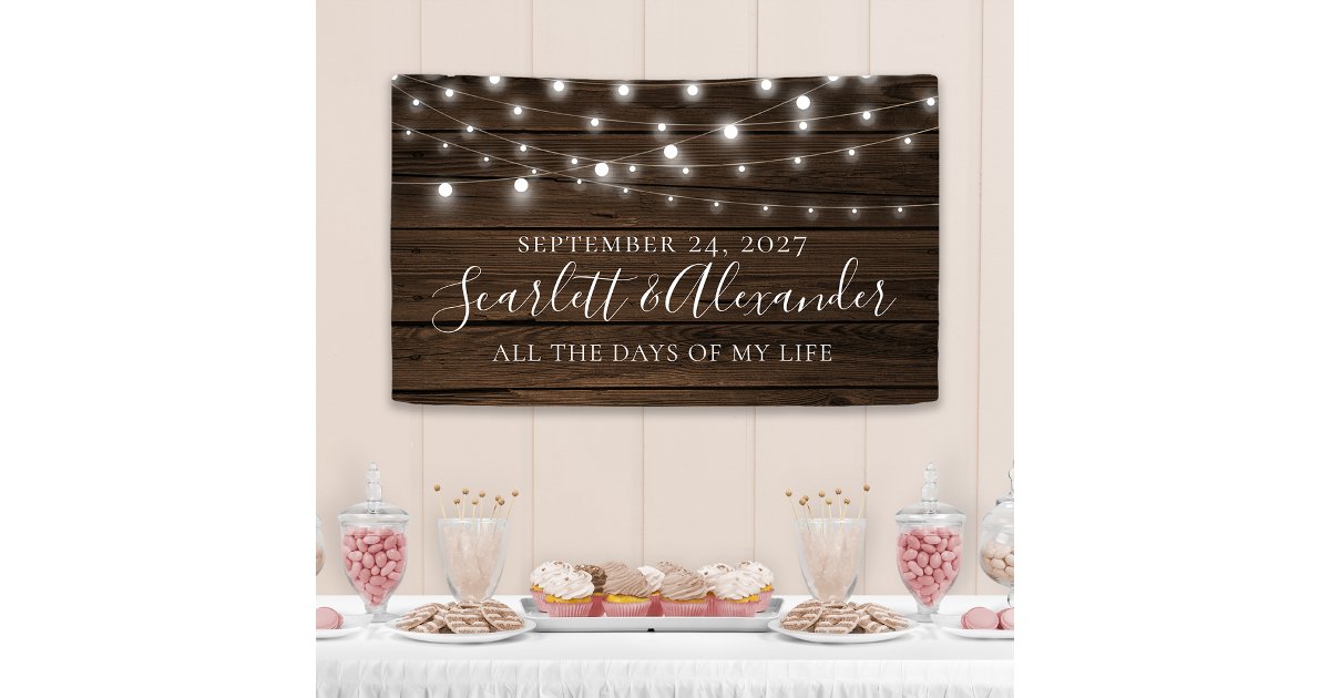 Rustic Chic String Lights Wood Wedding Banner | Zazzle