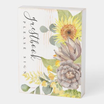 RUSTIC CHIC SUNFLOWER EUCALYPTUS FLORAL GUESTBOOK WOODEN BOX SIGN | Zazzle