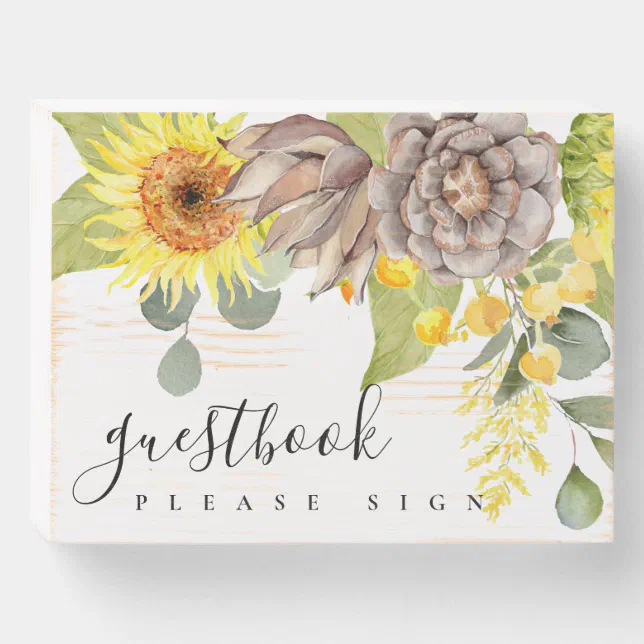 RUSTIC CHIC SUNFLOWER EUCALYPTUS FLORAL GUESTBOOK WOODEN BOX SIGN | Zazzle