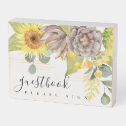 RUSTIC CHIC SUNFLOWER EUCALYPTUS FLORAL GUESTBOOK WOODEN BOX SIGN | Zazzle