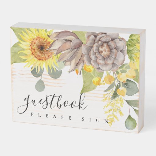 RUSTIC CHIC SUNFLOWER EUCALYPTUS FLORAL GUESTBOOK WOODEN BOX SIGN | Zazzle