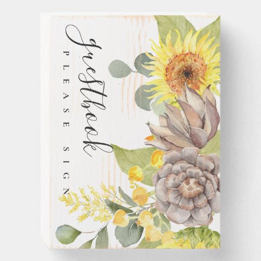 RUSTIC CHIC SUNFLOWER EUCALYPTUS FLORAL GUESTBOOK WOODEN BOX SIGN | Zazzle