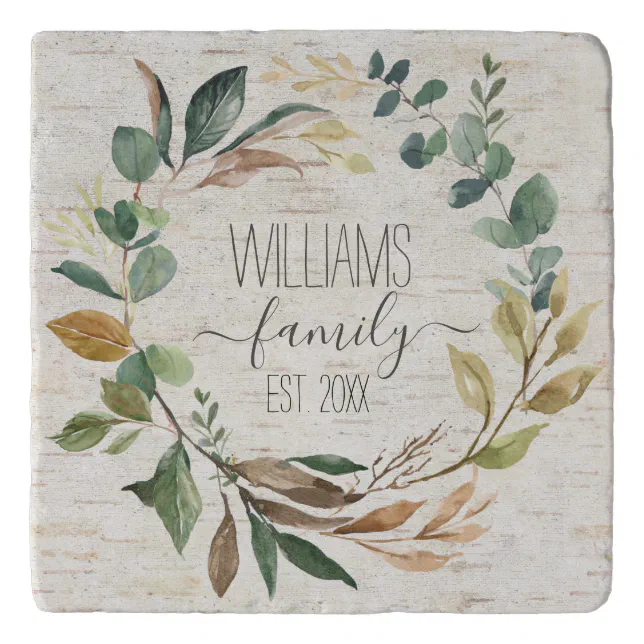 Rustic Chic Wreath Birch Family Monogram Name Trivet | Zazzle