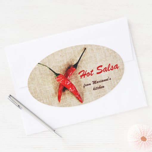 rustic chili peppers hot salsa sauce oval sticker | Zazzle