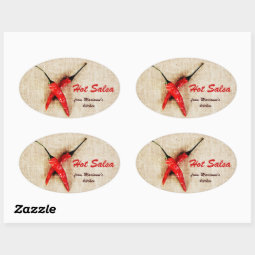 rustic chili peppers hot salsa sauce oval sticker | Zazzle